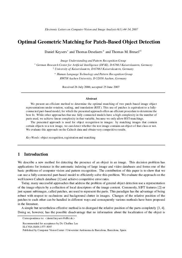 (PDF) Optimal geometric matching for patch-based object detection