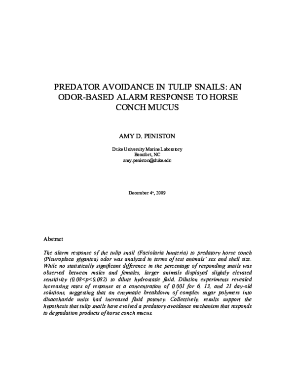 (DOC) PREDATOR AVOIDANCE IN TULIP SNAILS