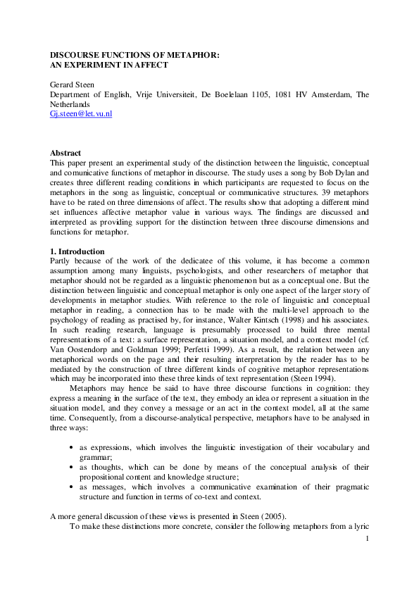 (PDF) Discourse functions of metaphor: An experiment in affect