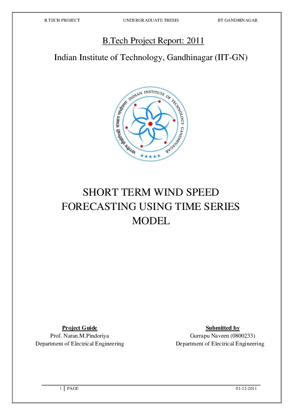Pdf Short Term Wind Speed Forecasting Using Time Series Models