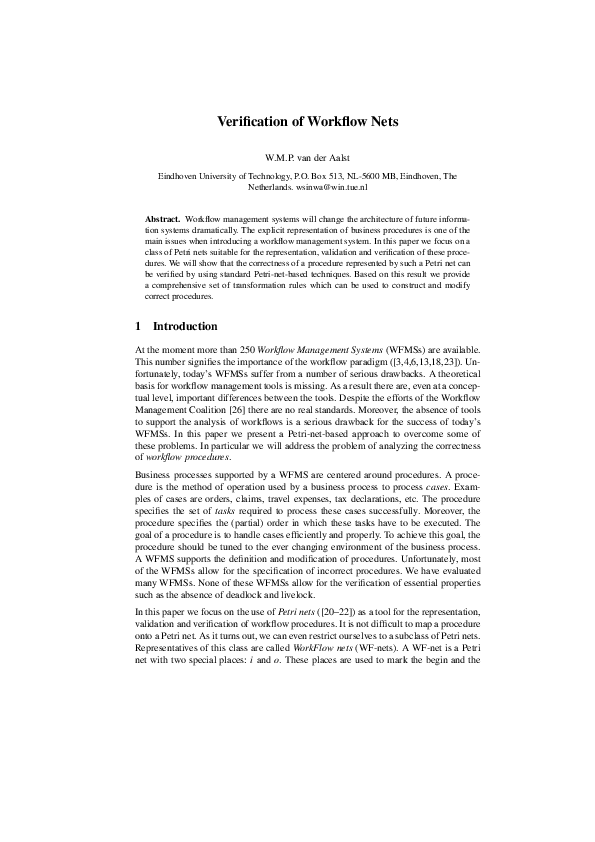 (PDF) Verification of workflow nets
