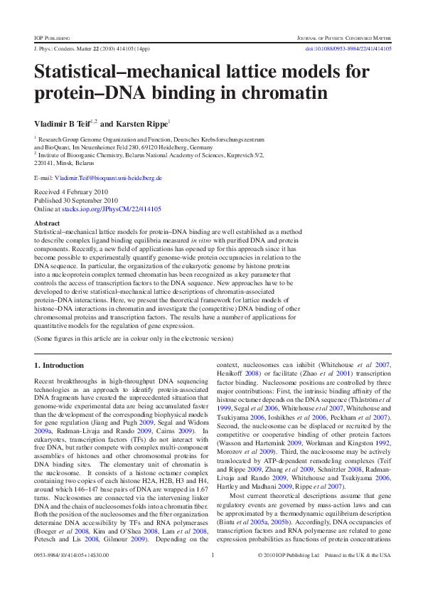 (PDF) Statistical-mechanical lattice models for protein-DNA binding in ...