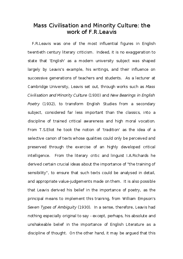 Mass Civilization and Minority Culture: The Work of F. R. Leavis (2001)