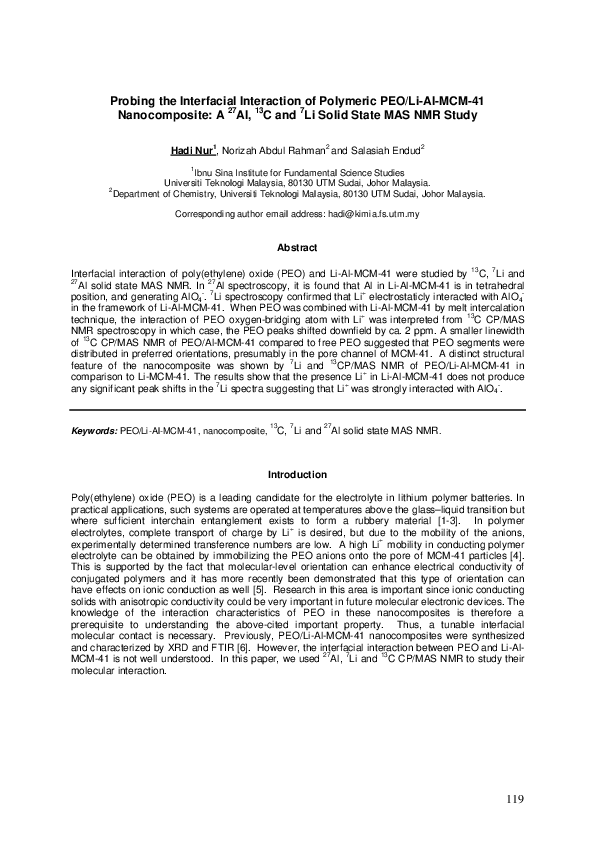 (PDF) Probing the Interfacial Interaction of Polymeric PEO/Li-Al-MCM-41 ...