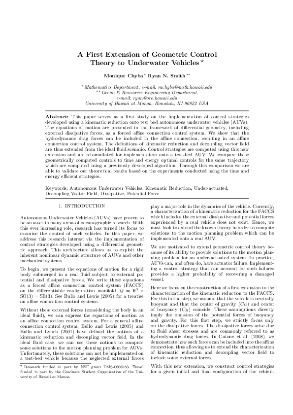 (PDF) A First Extension of Geometric Control Theory to Underwater Vehicles