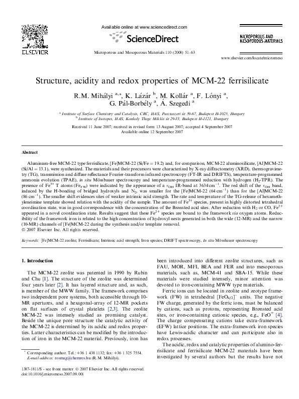 (PDF) Structure, acidity and redox properties of MCM-22 ferrisilicate