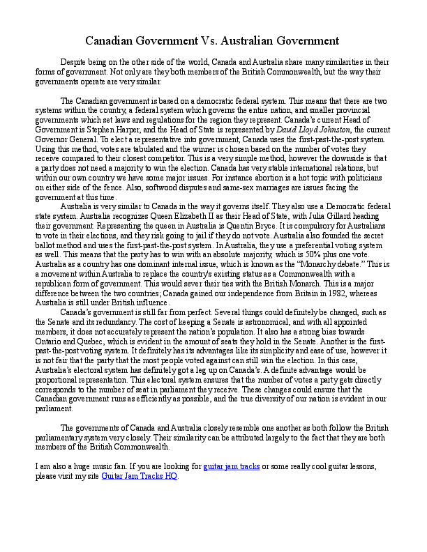 (DOC) Canadian Government Vs. Australian Government