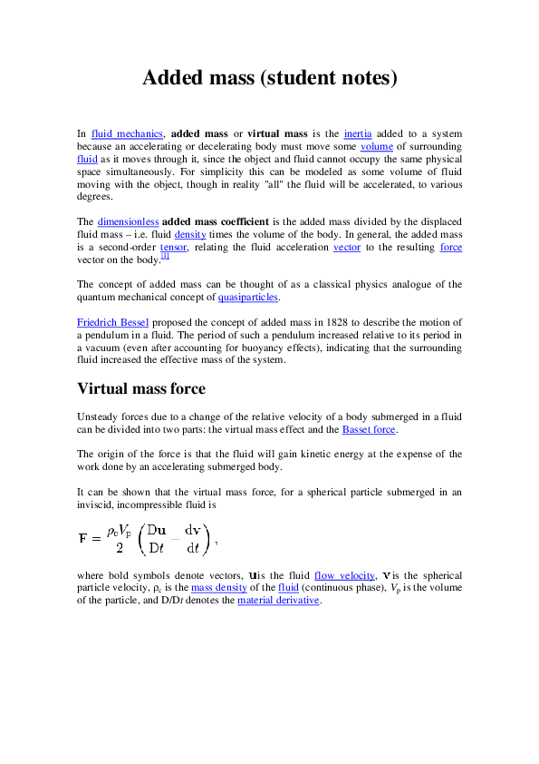 (PDF) Notes on Added Mass, Basset force Keulegan and Struhal number