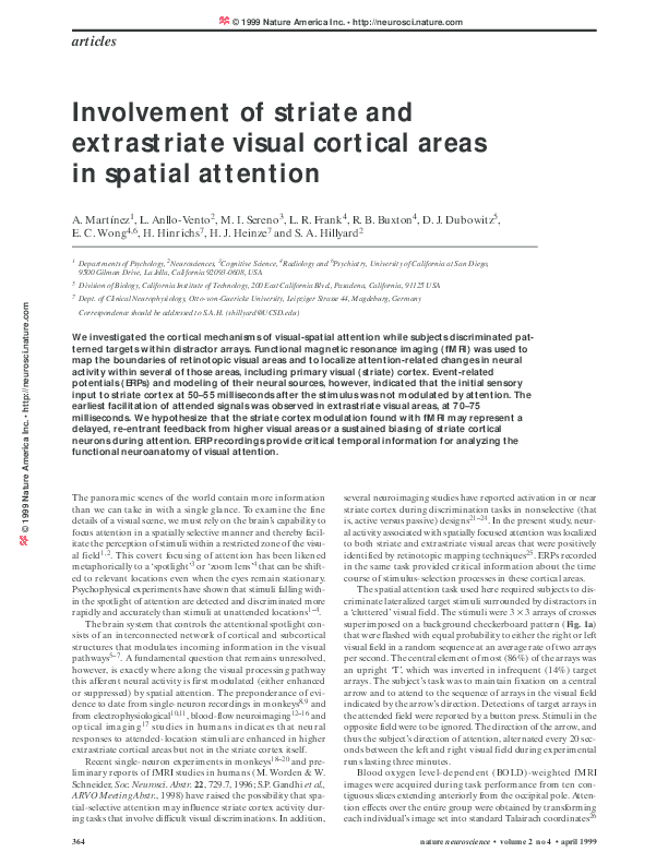 Pdf Involvement Of Striate And Extrastriate Visual Cortical Areas In Spatial Attention