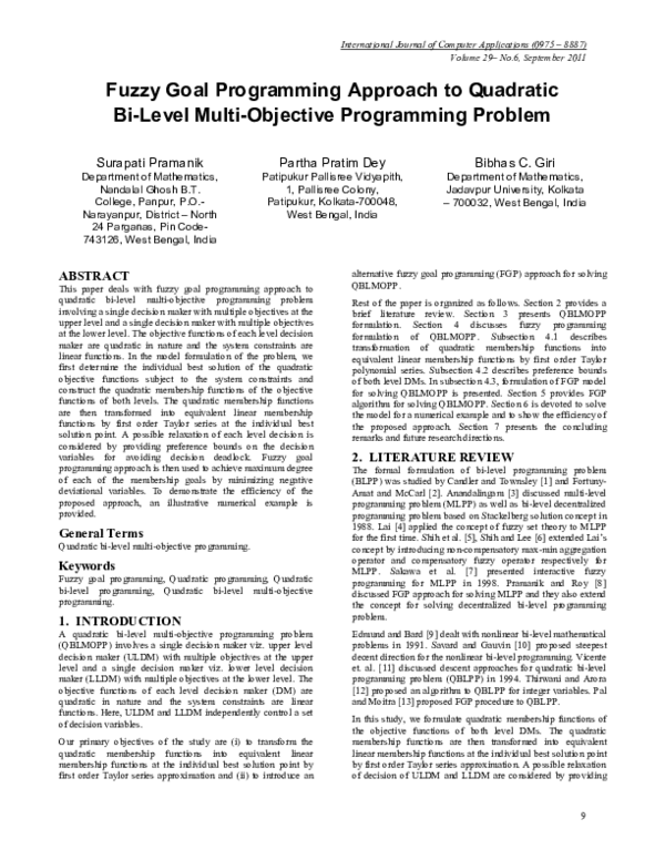 (PDF) Fuzzy goal programming approach to quadratic bi-level multi-objective programming problem