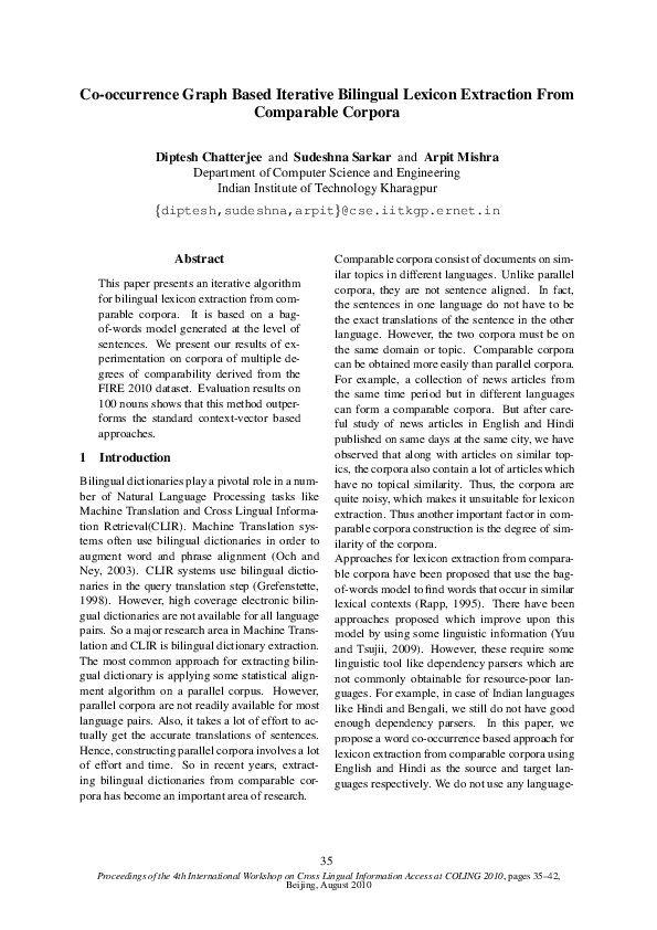 Pdf Co Occurrence Graph Based Iterative Bilingual Lexicon Extraction From Comparable Corpora
