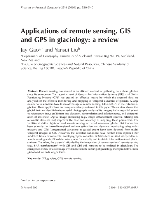 Pdf Applications Of Remote Sensing Gis And Gps In Glaciology A Review