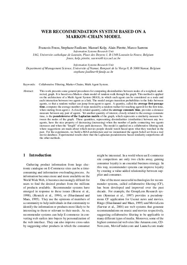 (PDF) WEB RECOMMENDATION SYSTEM BASED ON A MARKOV-CHAIN MODEL