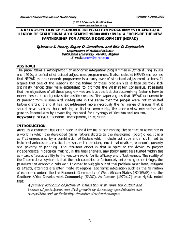 (PDF) A RETROSPECTION OF ECONOMIC INTEGRATION PROGRAMMES IN AFRICA; A ...