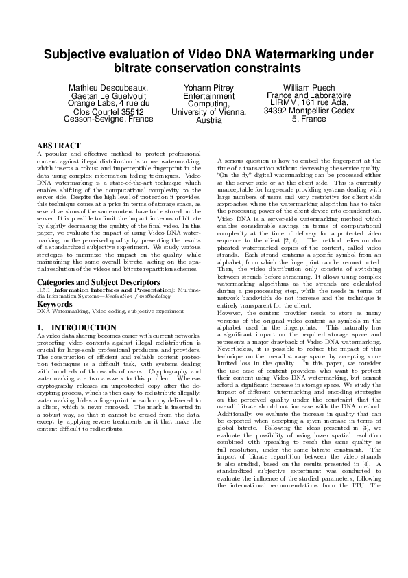 (PDF) Subjective evaluation of Video DNA Watermarking under bitrate conservation constraints