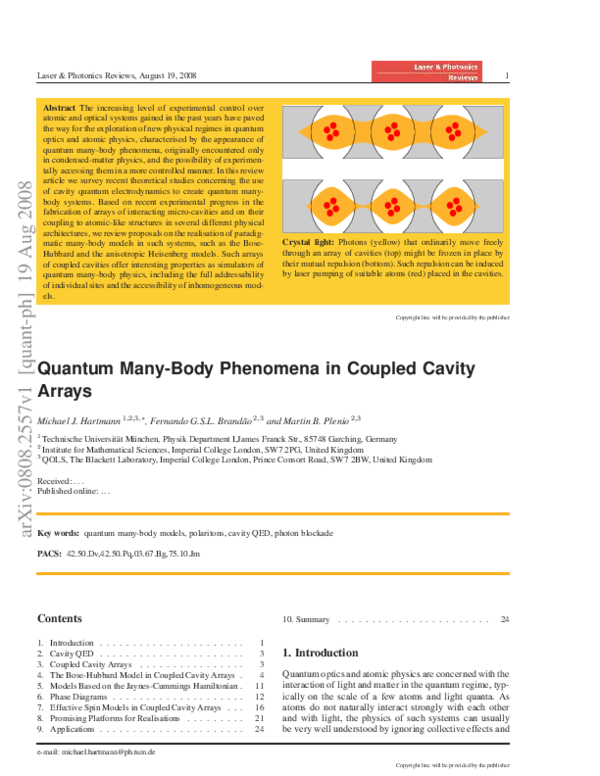 (PDF) Quantum many‐body phenomena in coupled cavity arrays