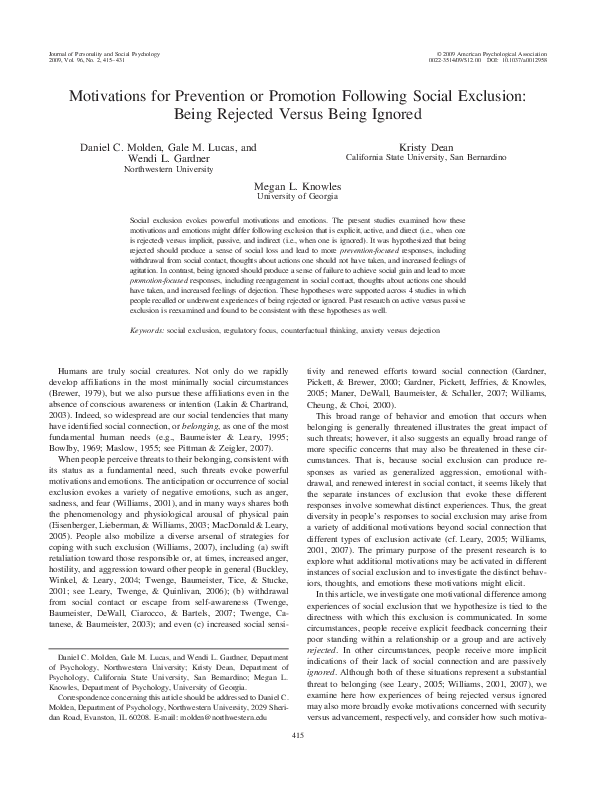 (PDF) Motivations for Prevention or Promotion Following Social Exclusion