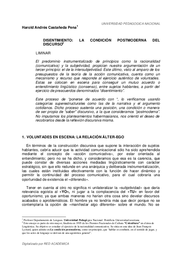 (PDF) DISENTIMIENTO: LA CONDICIÓN POSTMODERNA DEL DISCURSO 2