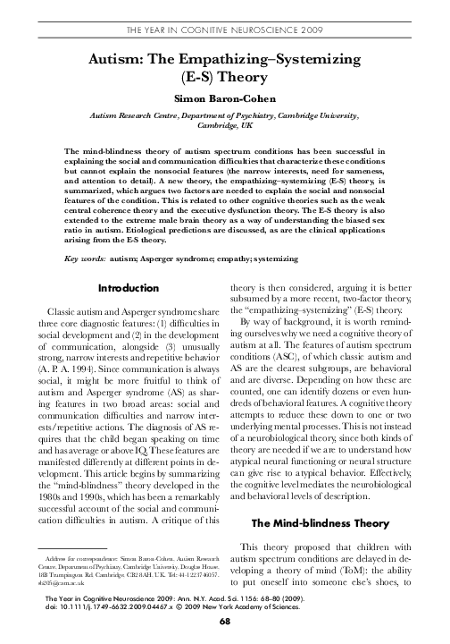 (PDF) Autism: The Empathizing–Systemizing (E‐S) Theory
