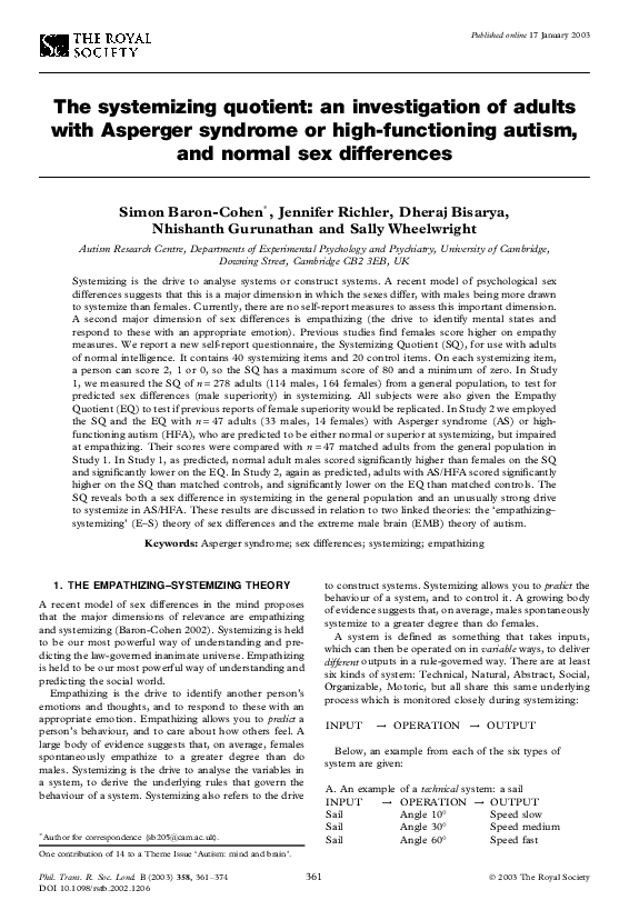 (PDF) The systemizing quotient: an investigation of adults with ...