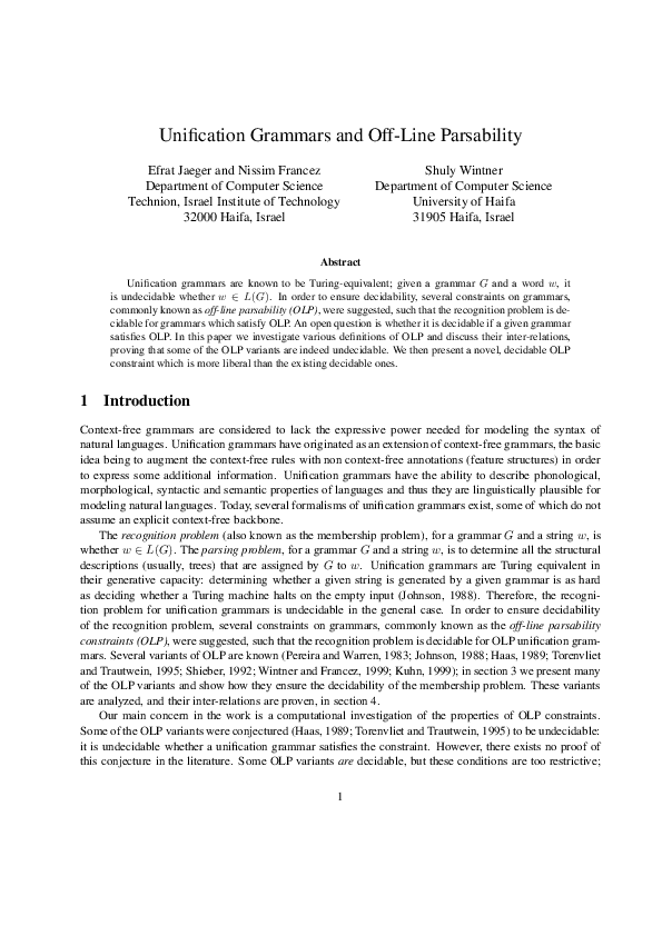 (PDF) Unification grammars and off-line parsability