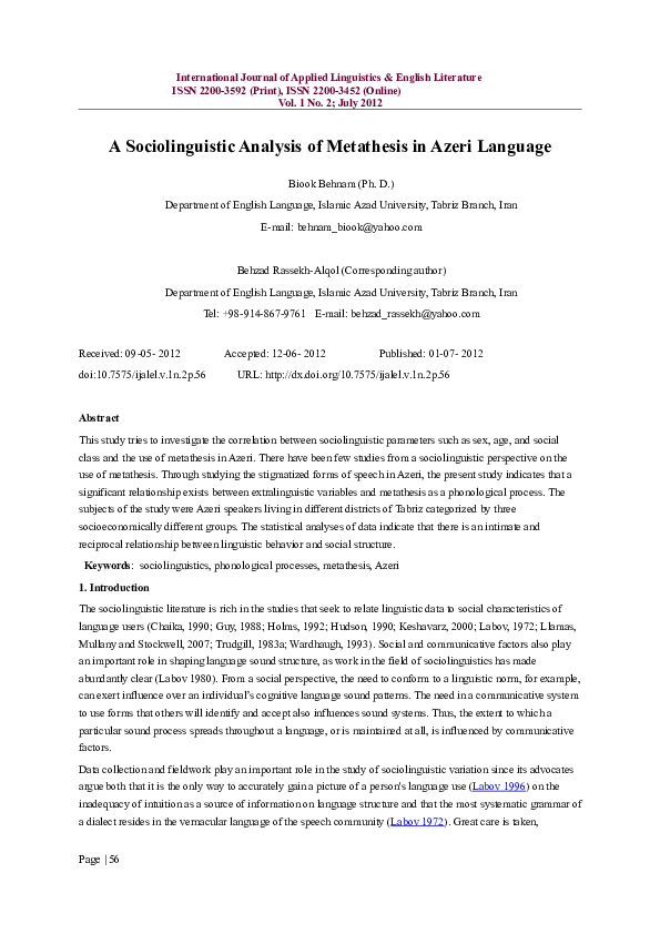 (DOC) A Sociolinguistic Analysis of Metathesis in Azeri Language