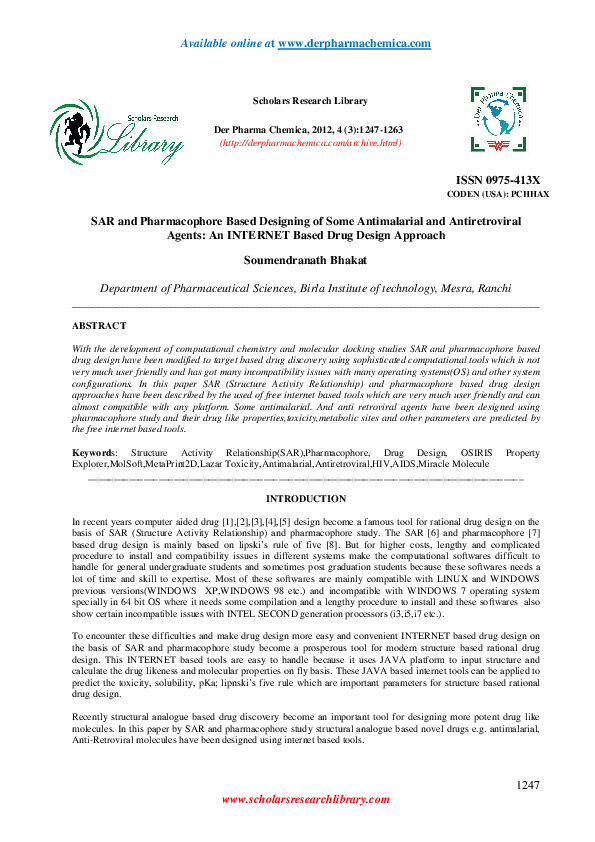(PDF) SAR and Pharmacophore Based Designing of Some Antimalarial and Antiretroviral Agents: An ...
