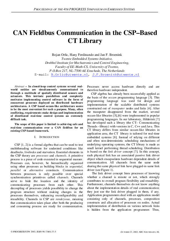 Pdf Can Fieldbus Communication In The Csp Based Ct Library Hany Ferdinando And Jan Broenink