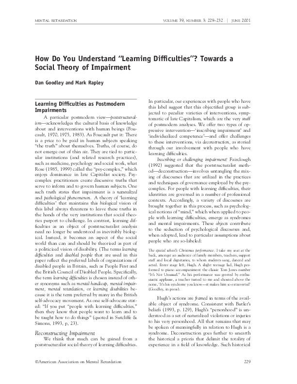 (PDF) Goodley D.A. 2001. ' 'Learning Difficulties', the Social Model of ...