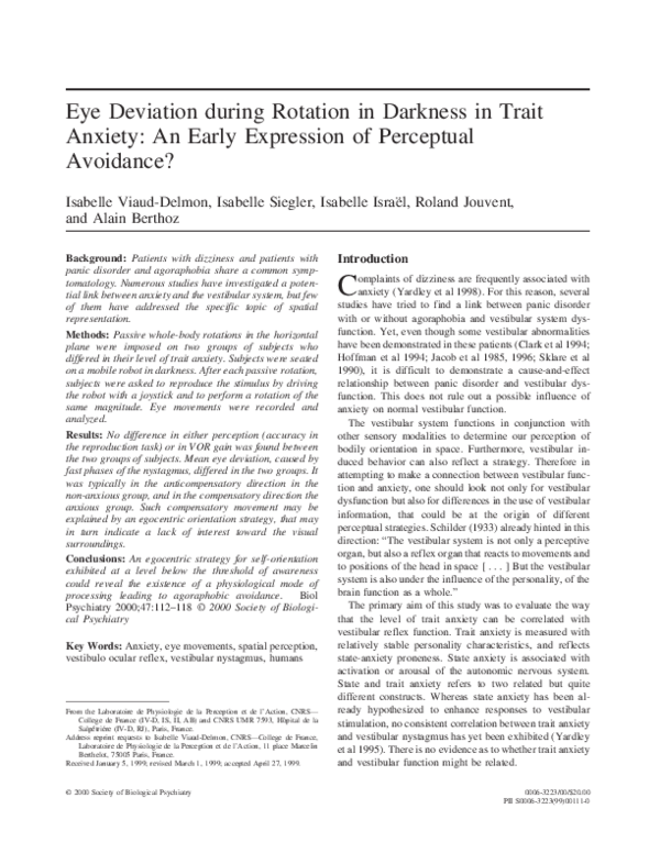 (PDF) Eye deviation during rotation in darkness in trait anxiety: an ...