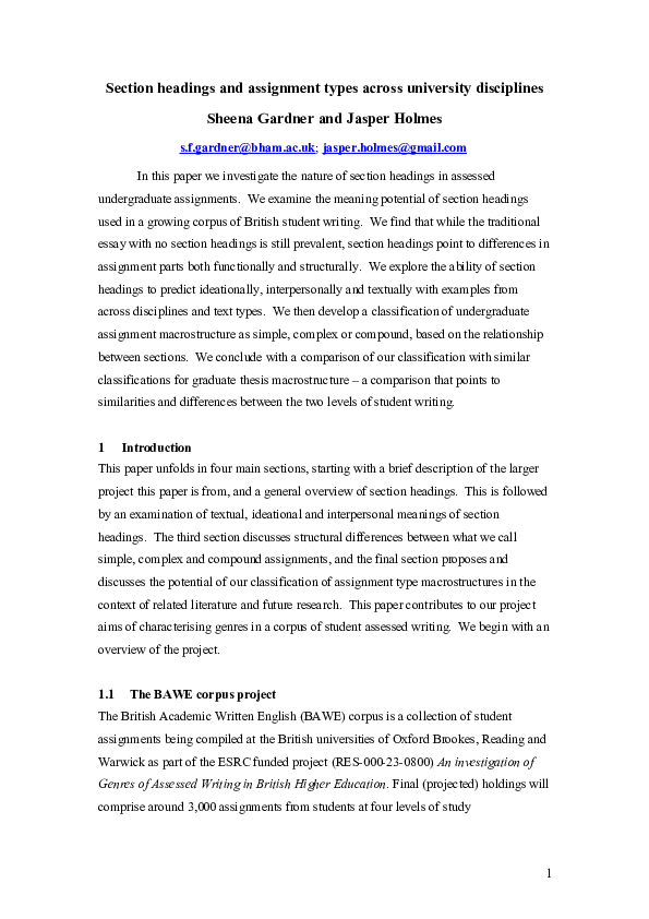 (DOC) Section headings and assignment types across university disciplines