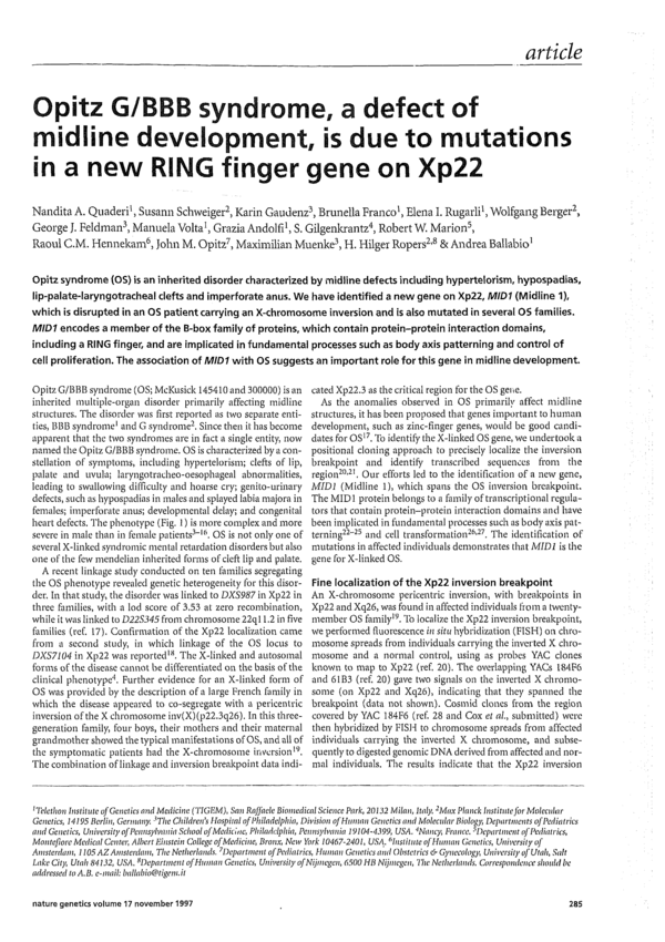 (PDF) Opitz G/BBB syndrome, a defect of midline development, is due to ...