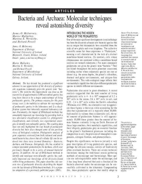 (PDF) Bacteria and Archaea: Molecular techniques reveal astonishing diversity