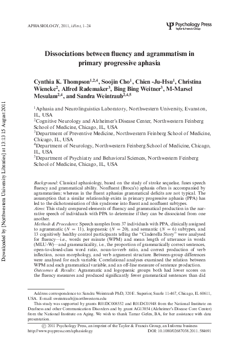 (PDF) Dissociations between fluency and agrammatism in primary ...