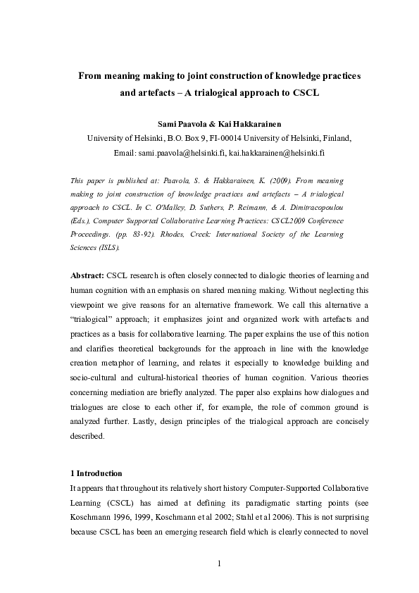 (PDF) From meaning making to joint construction of knowledge practices and artefacts – A ...