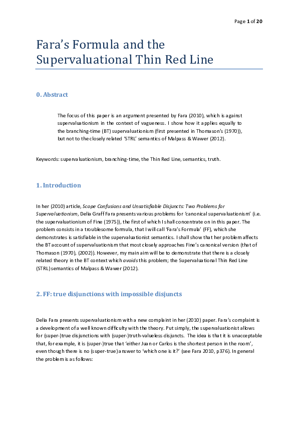 (PDF) Fara's Formula and the Supervaluational Thin Red Line