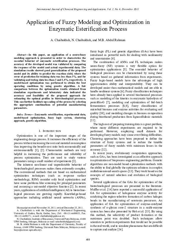(PDF) Application of Fuzzy Modeling and Optimization in Enzymatic Esterification Process
