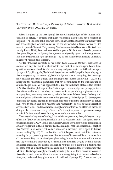 (PDF) Review of Ted Toadvine's Merleau-Ponty's Philosophy of Nature