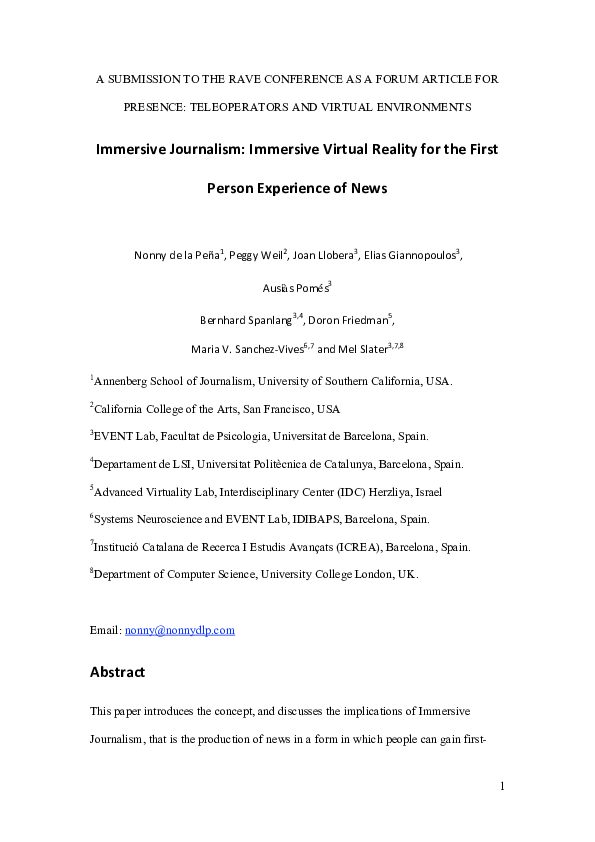 (PDF) Immersive journalism: Immersive virtual reality for the first ...