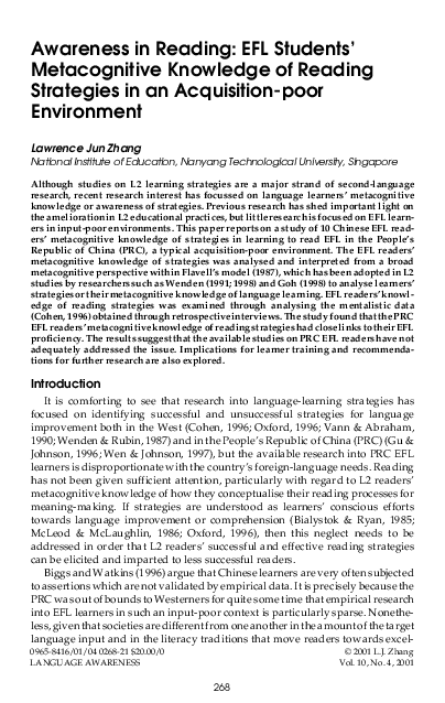 (PDF) Awareness In Reading: EFL Studentsʼ Metacognitive Knowledge of ...