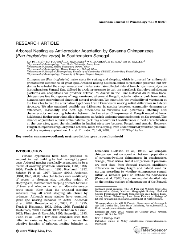 (PDF) Arboreal nesting as anti-predator adaptation in savanna chimpanzees.