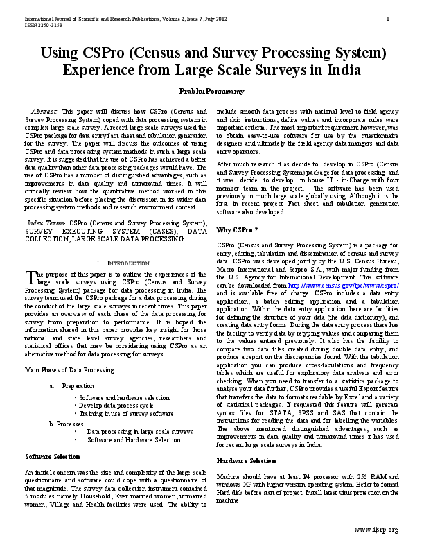 (PDF) Using CSPro (Census and Survey Processing System) Experience from Large Scale Surveys in India
