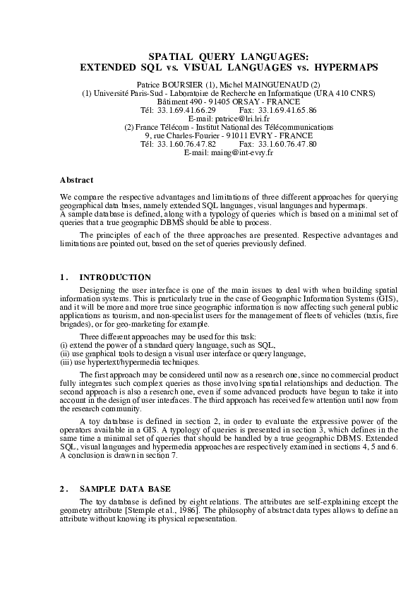 (PDF) Spatial Query Languages: extended SQL vs visual languages vs hypermaps