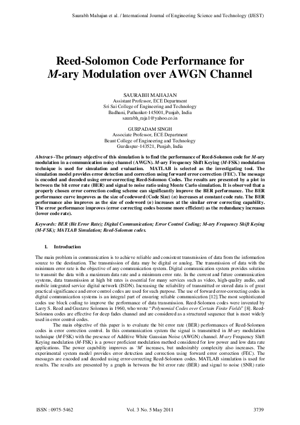 (PDF) Reed-Solomon Code Performance for M-ary Modulation over AWGN Channel