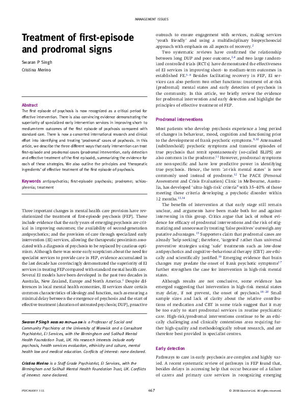 (PDF) Treatment of First-Episode and Prodromal Signs