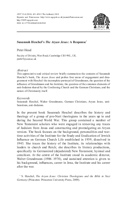 (PDF) ‘Susannah Heschel’s The Aryan Jesus: A Response’ JSNT 32.4 (2010 ...