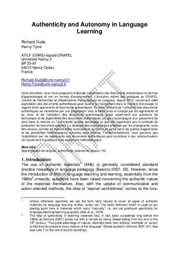 (PDF) Authenticity and Autonomy in Language Learning