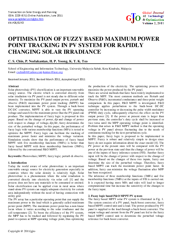 (PDF) Optimization of Fuzzy based Maximum Power Point Tracking in PV System for Rapidly Changing ...