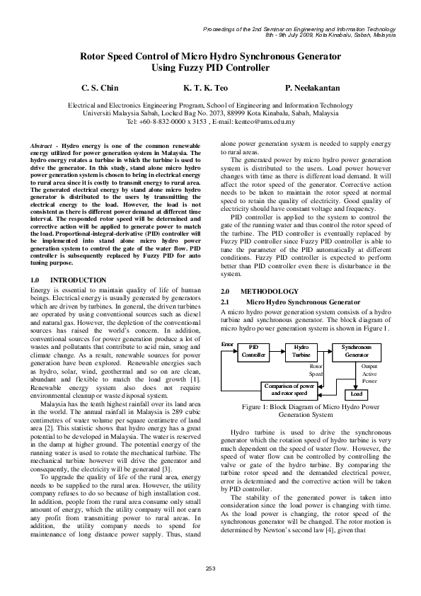 Pdf Rotor Speed Control Of Micro Hydro Synchronous Generator Using Fuzzy Pid Controller