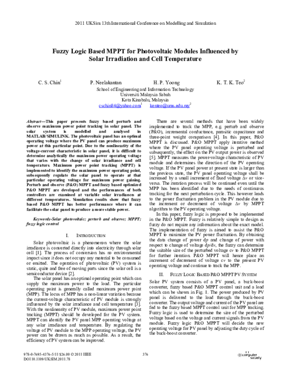 Pdf Fuzzy Logic Based Mppt For Photovoltaic Modules Influenced By Solar Irradiation And Cell 3158